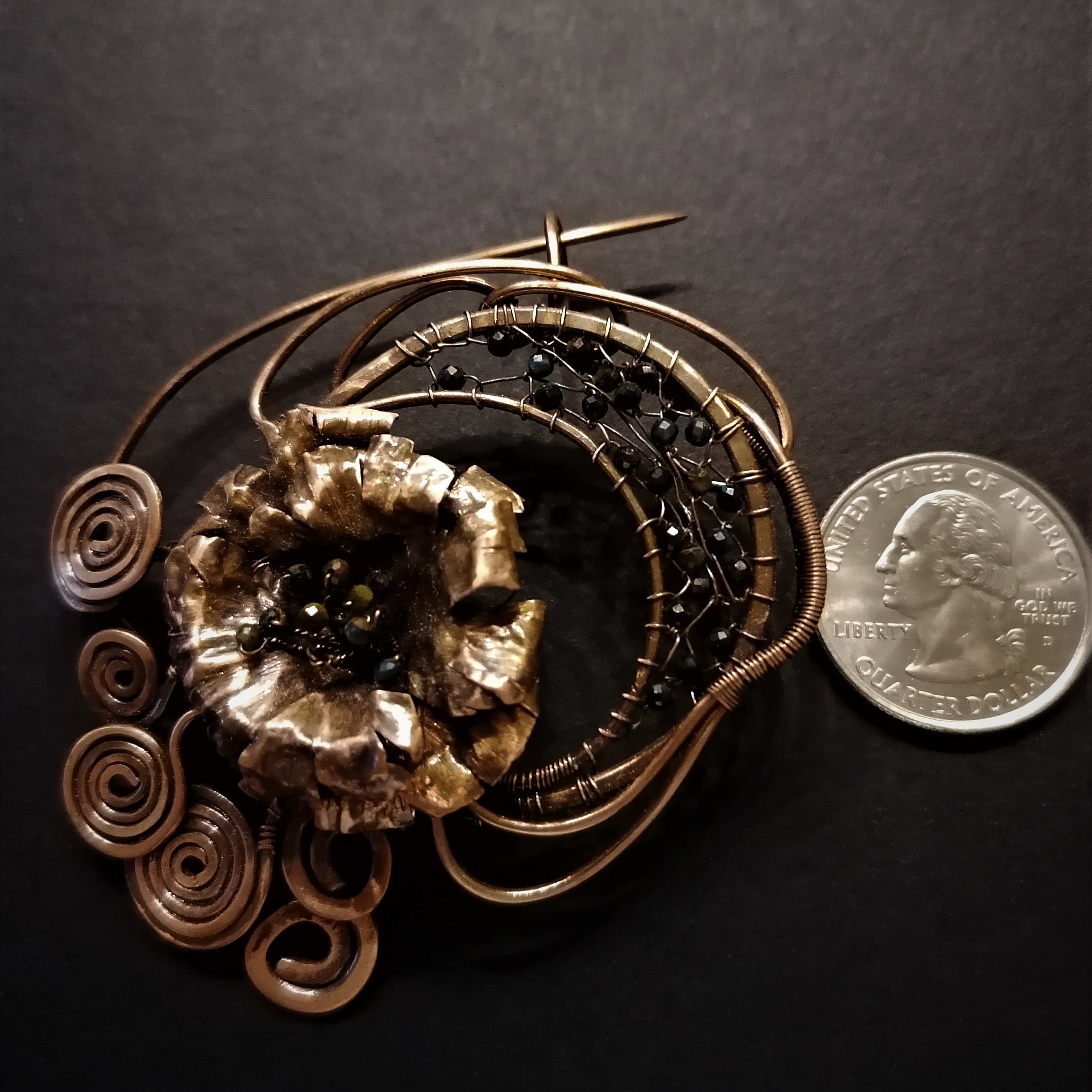 Women Brooch, Half Moon Brooch, Flower Copper Brooch, Wire Wrap Cooper ...
