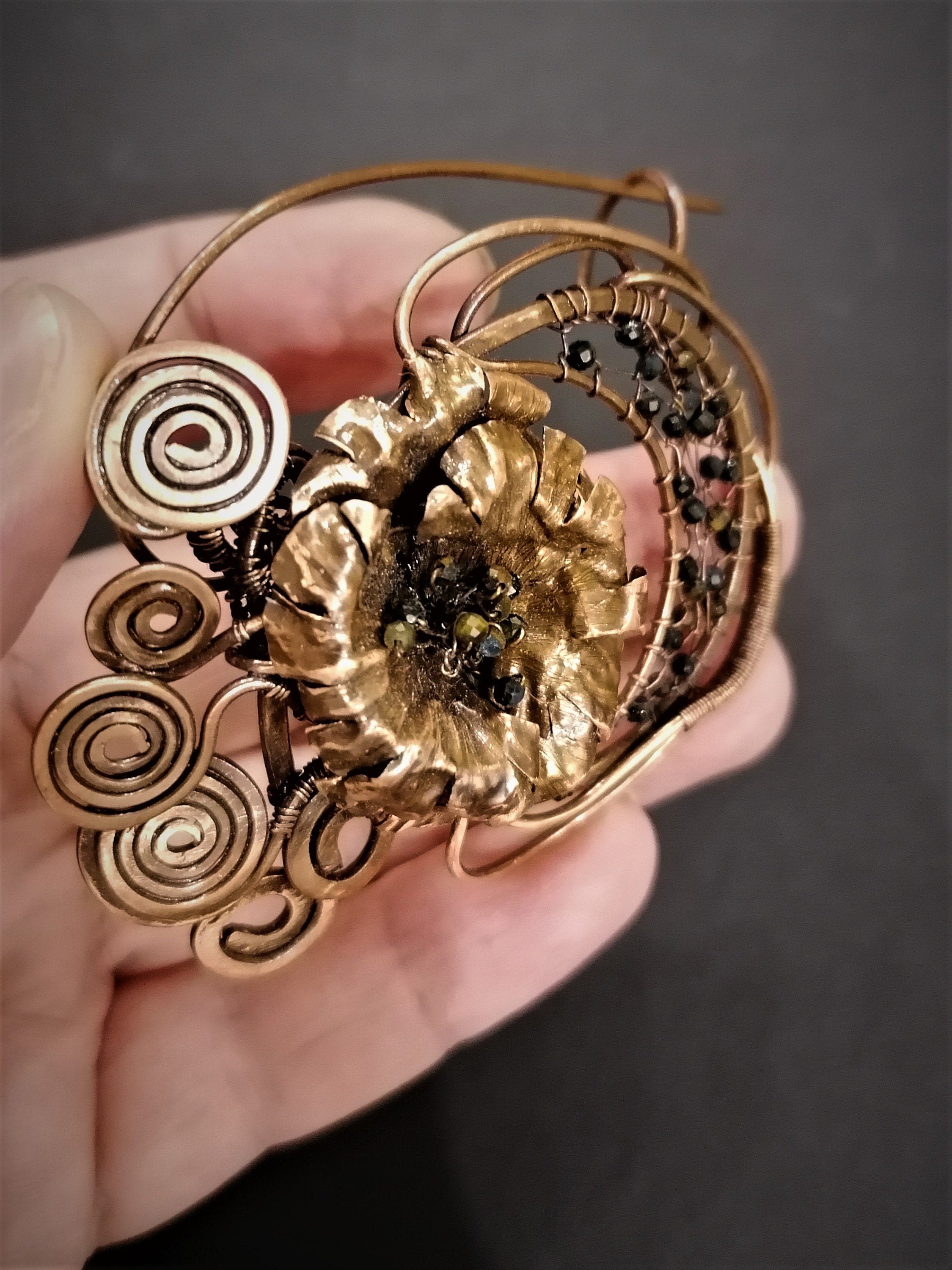 Women Brooch, Half Moon Brooch, Flower Copper Brooch, Wire Wrap Cooper ...