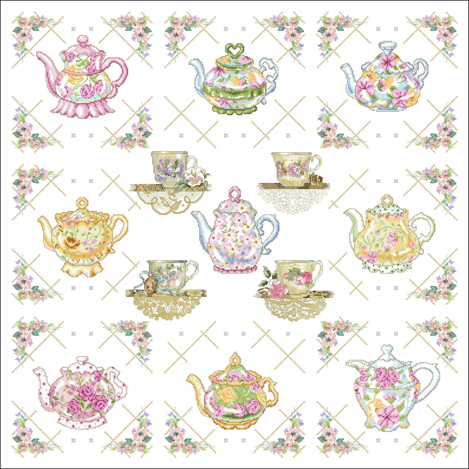 Cross Stitch Pattern Teapot Sampler, Kitchen Cross Stitch, Floral Cross ...