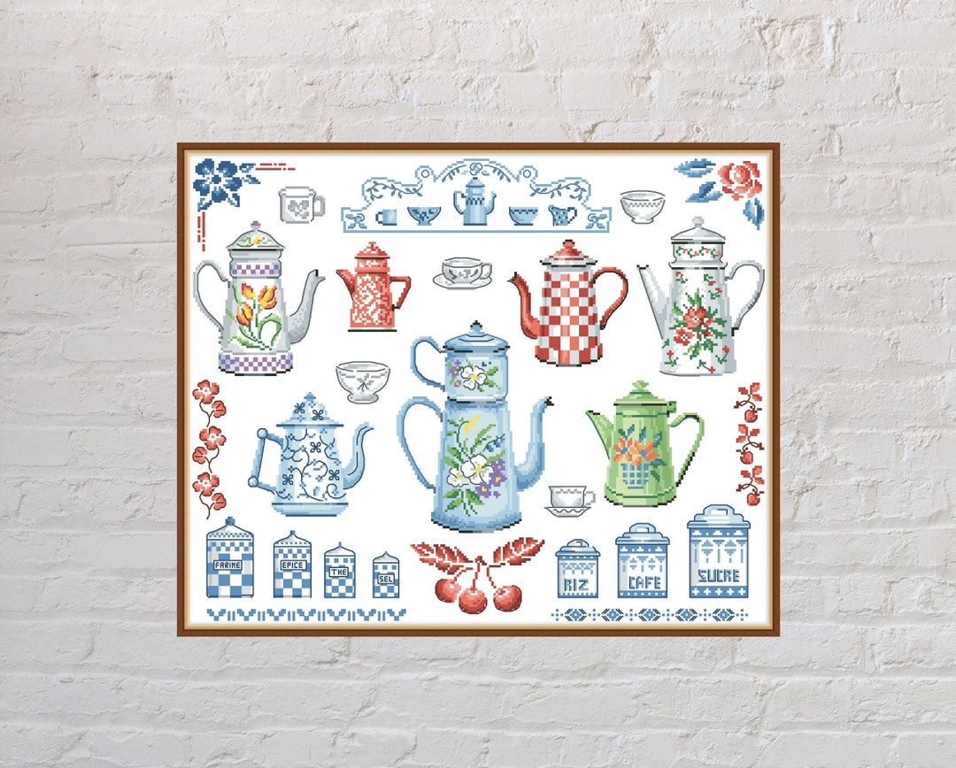 Cross Stitch Pattern Kitchen Sampler, Kitchen Cross Stitch, Coffee Pots ...