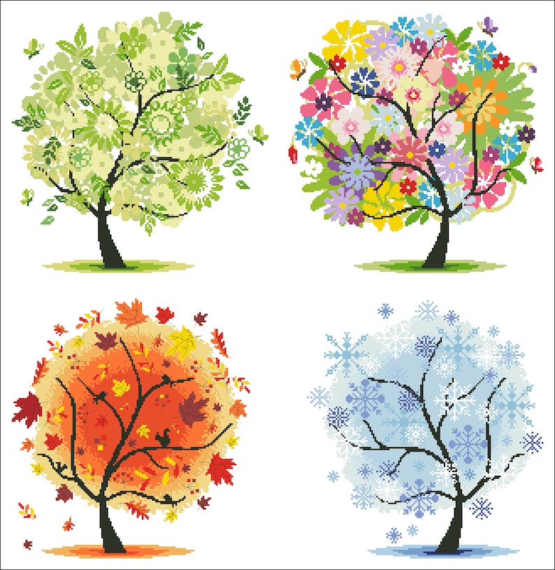 Cross Stitch Pattern Four Seasons Tree #2, Nature Cross Stitch, Seasons ...