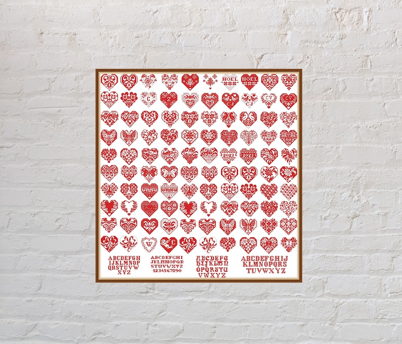 Cross Stitch Pattern Heart Sampler, Romantic Cross Stitch, Monochrome ...
