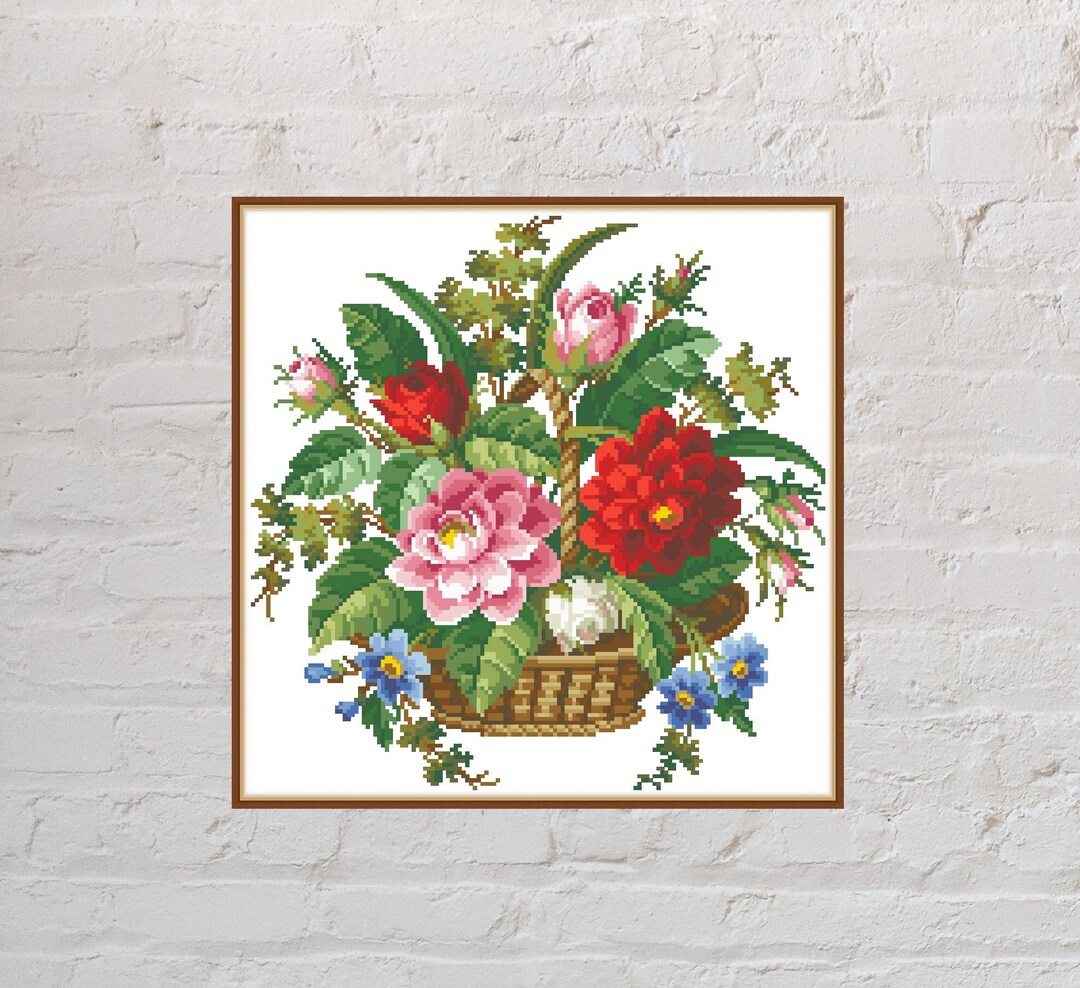 Cross Stitch Pattern Flower Basket, Floral Cross Stitch, Vintage Cross ...