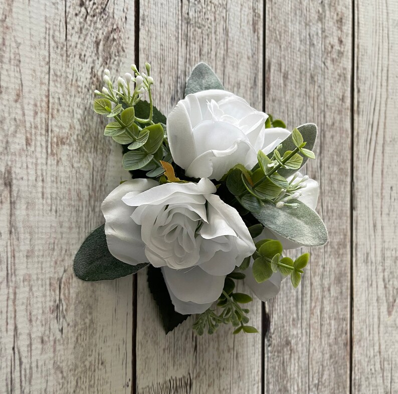 White Rose Wedding Cake Topper With Eucalyptus and White Accent Flowers ...