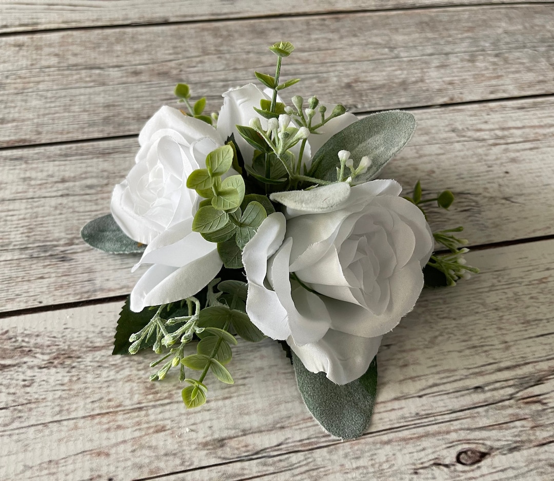 White Rose Wedding Cake Topper With Eucalyptus and White Accent Flowers ...