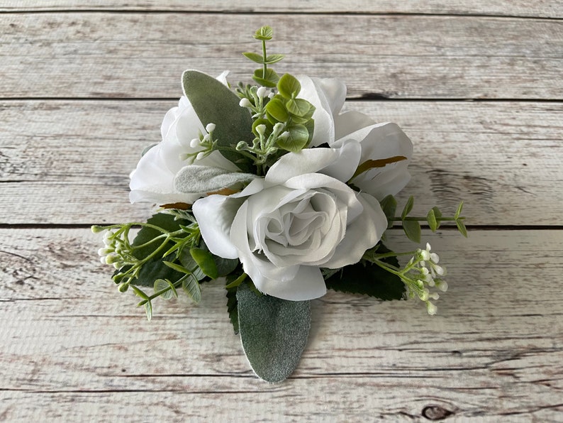 White Rose Wedding Cake Topper With Eucalyptus and White Accent Flowers ...