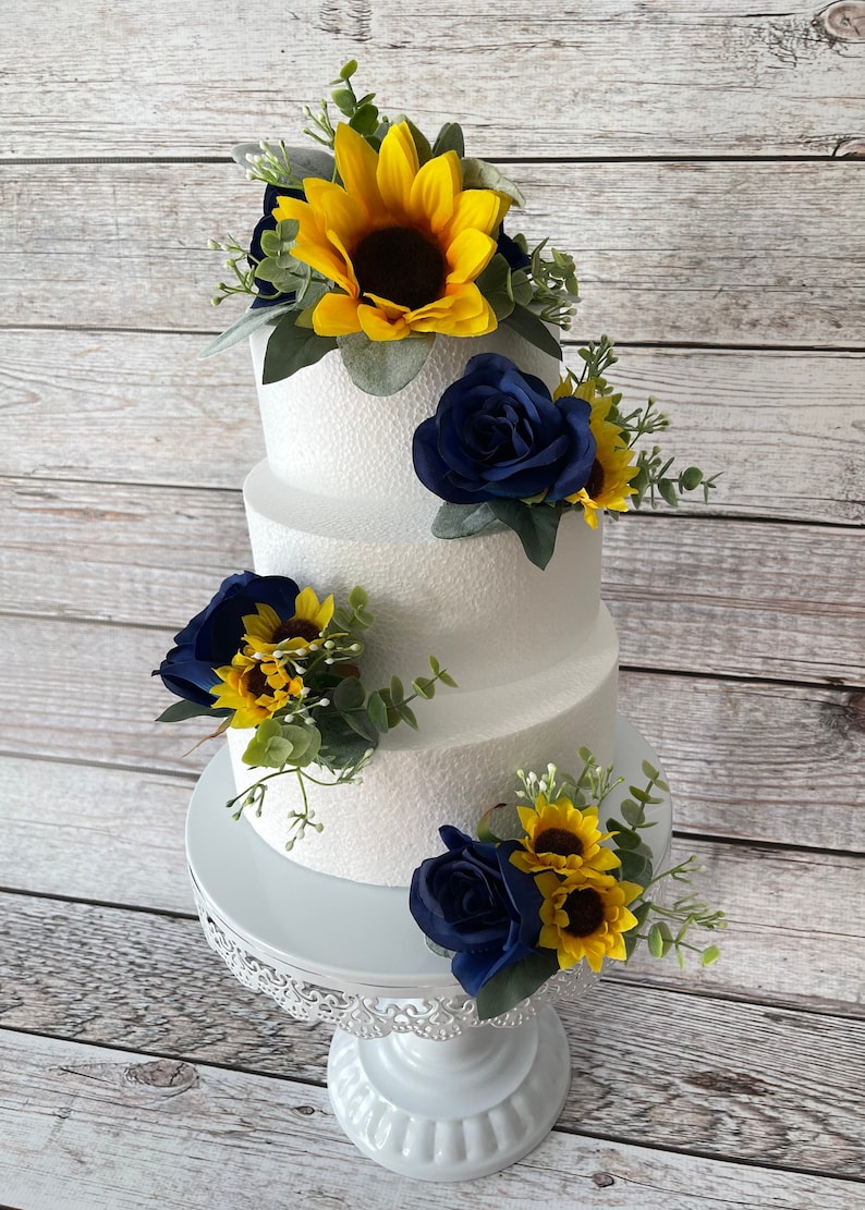 Navy Rose and Sunflower Wedding Cake Topper Wedding Cake - Etsy