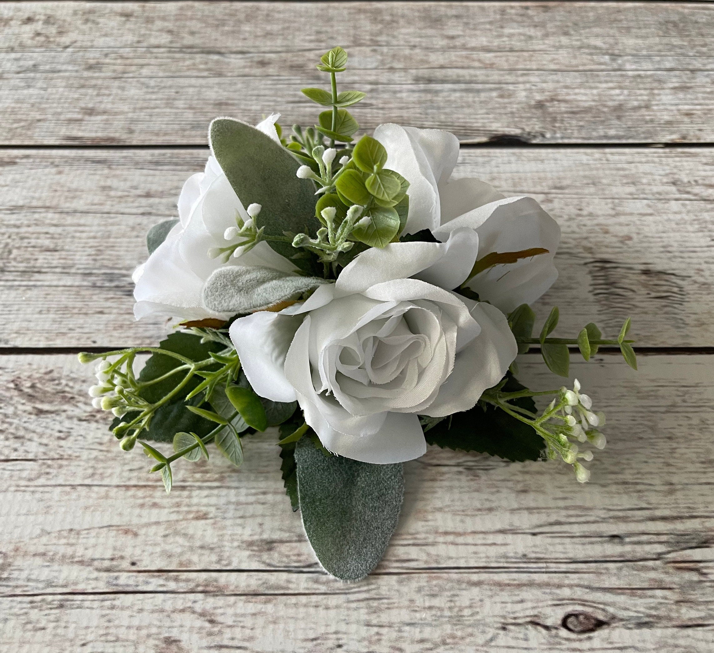 White Rose Wedding Cake Topper With Eucalyptus and White Accent Flowers ...