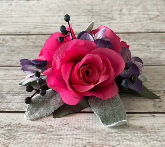 Pink Rose Wedding Cake Topper with Hydrangea and Berry | Etsy