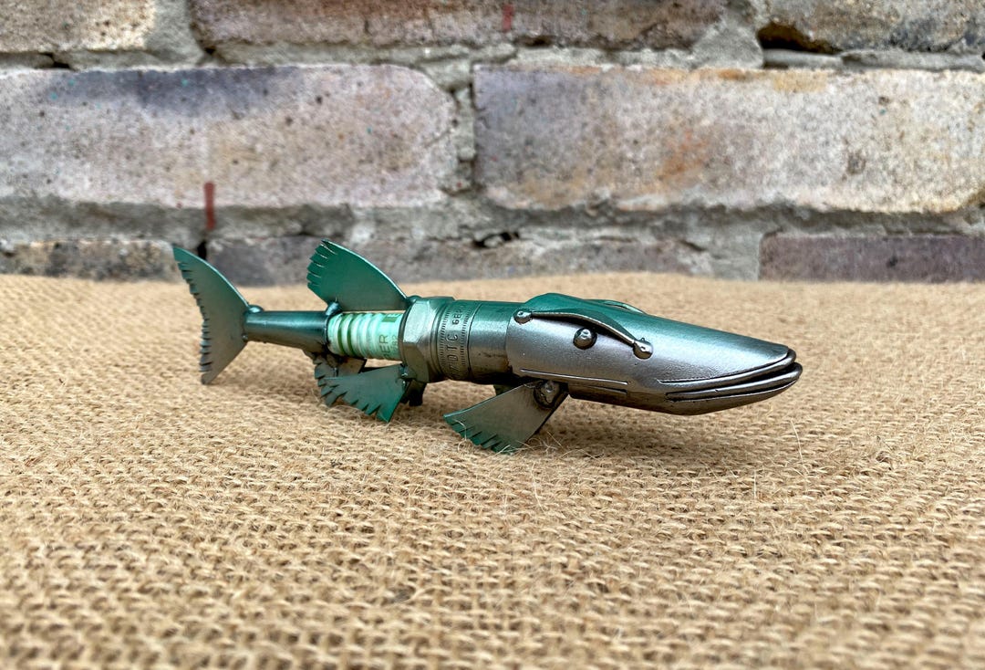 Metal Pike Sculpture From Spark Plug – Steampunk Fish Art, Recycled ...