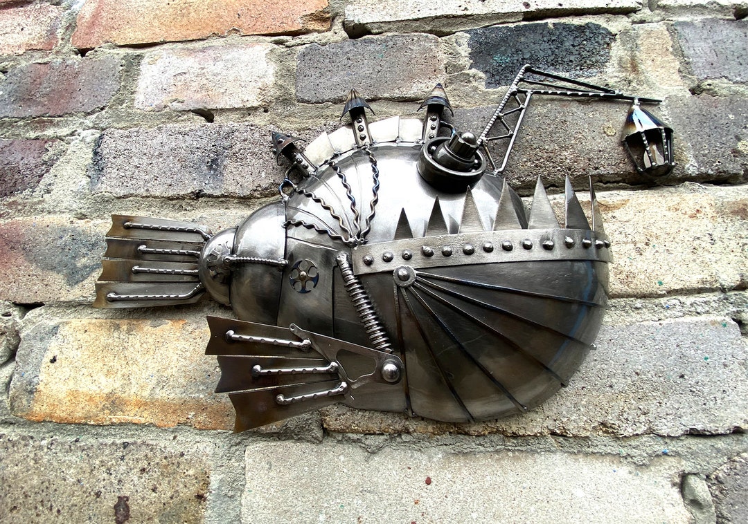 Handcrafted Metal Angler Fish Wall Decor 3D Sculpture Recycled Metal ...