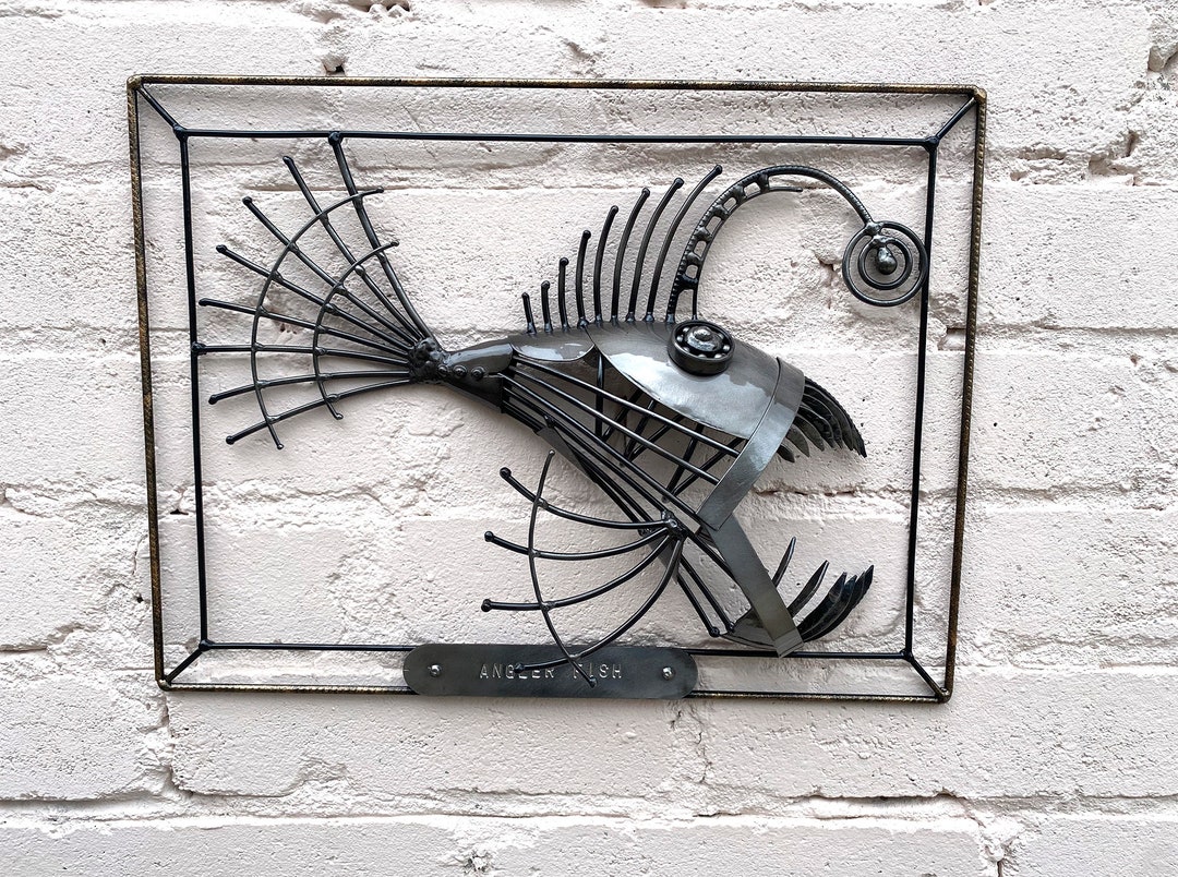 Handcrafted 3D Framed Angler Fish Wall Decor: Metal Sculpture for ...