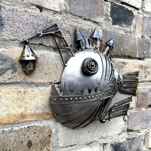 Handcrafted Metal Angler Fish Wall Decor 3D Sculpture Recycled Metal ...
