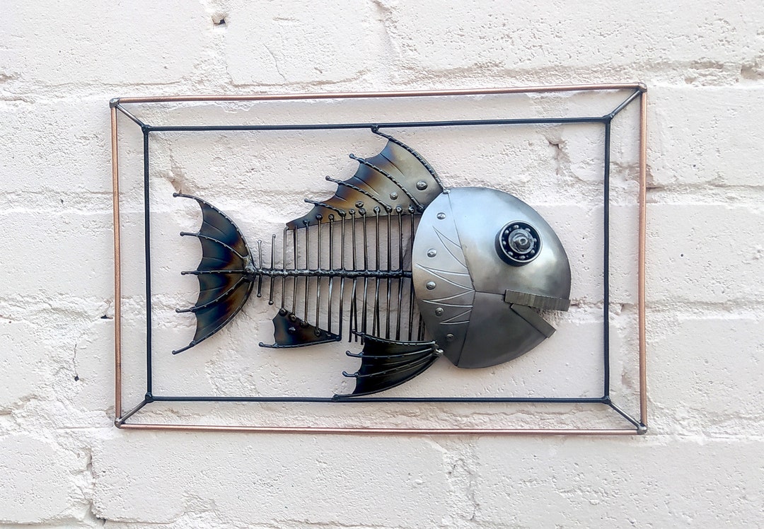 Metal Fish Wall Decor in Frame: Handcrafted 3D Sculpture for Interior ...