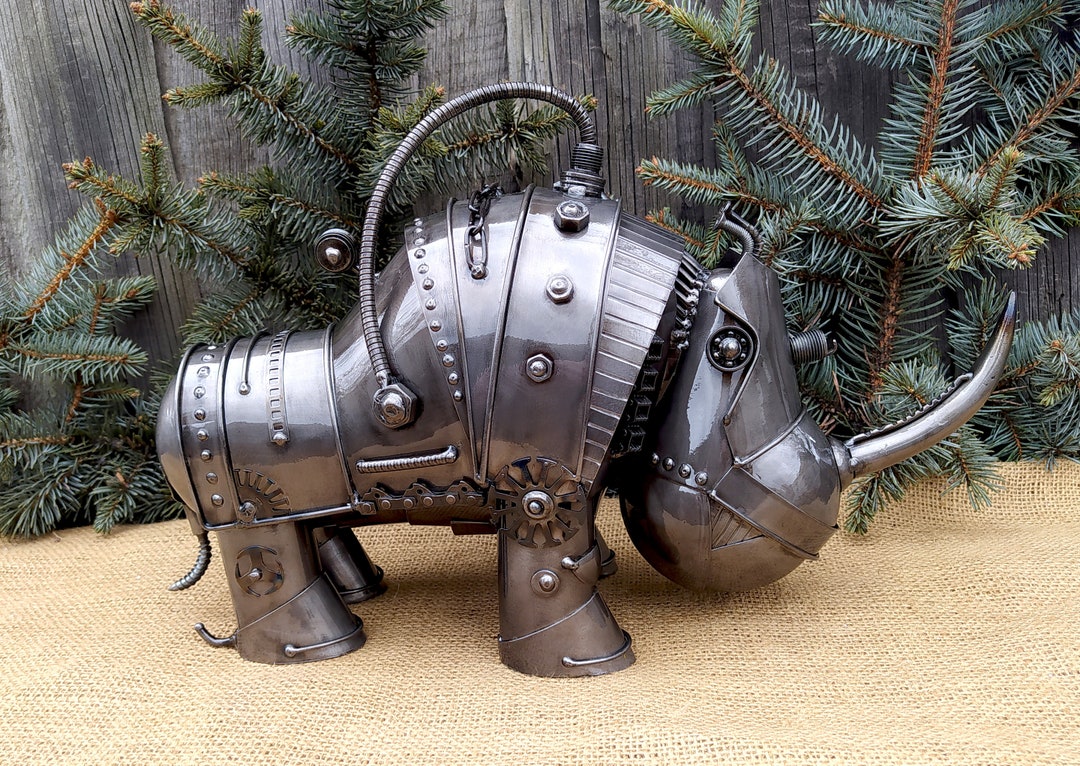 Metal Sculpture Rhinoceros Steampunk. Mechanical Rhino Figurine. Welded ...