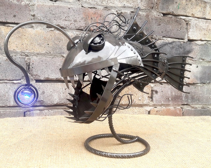 Metal Sculpture Night Light Angler Fish LED Lights. Steampunk Fish. Art ...
