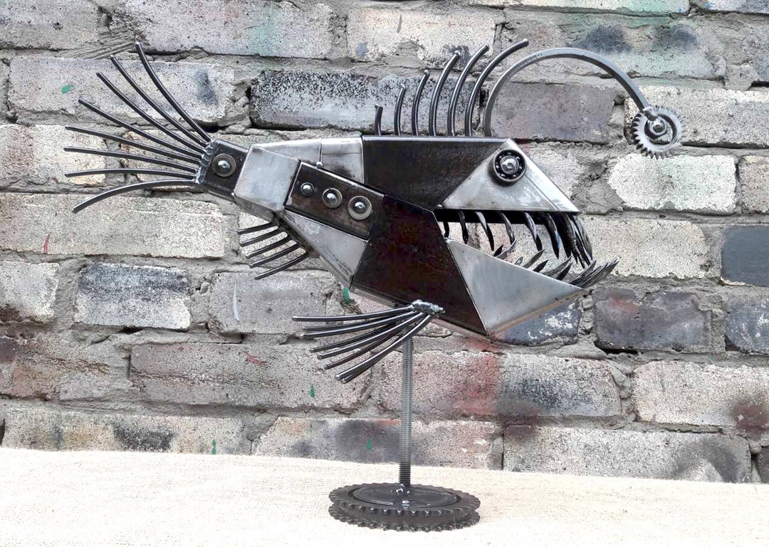 Metal Angler Fish Sculpture Steampunk Fish. Statuette Metal Angler Fish ...