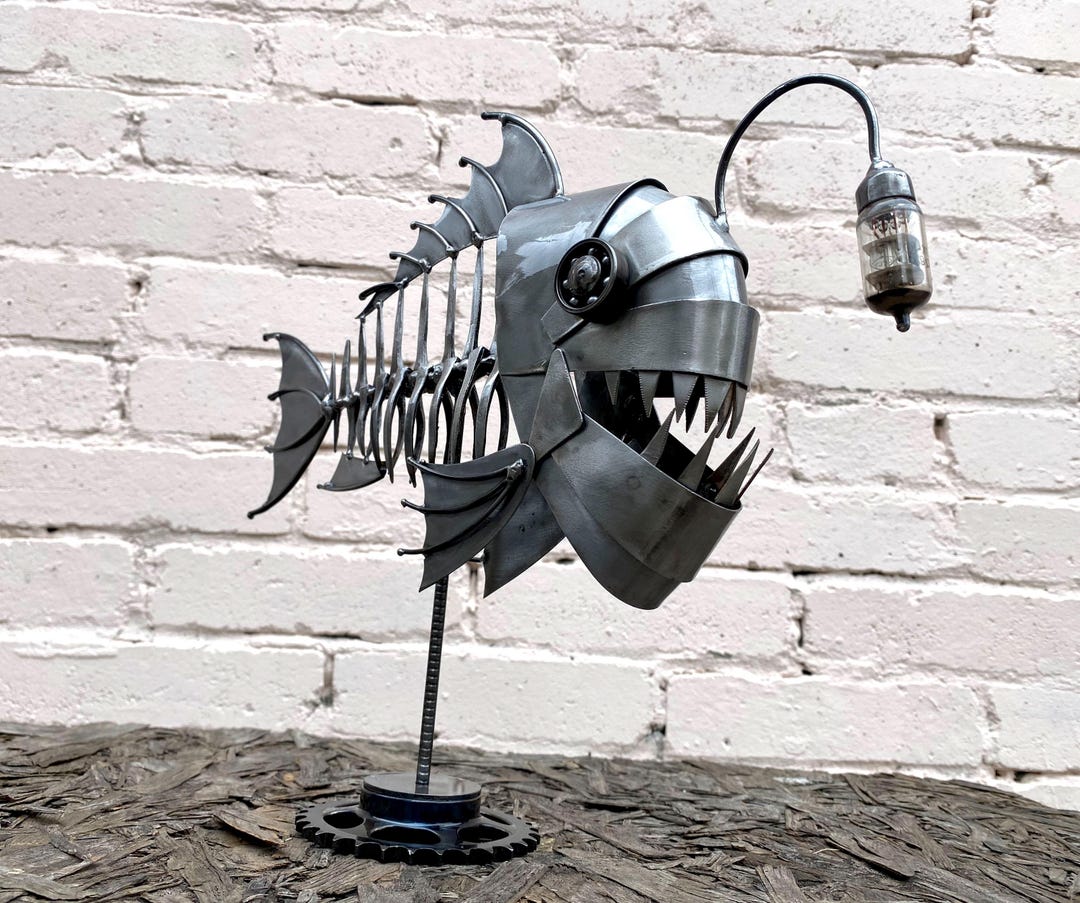 Art Metal Sculpture Angler Fish. Steampunk Predatory Fish Figurine ...