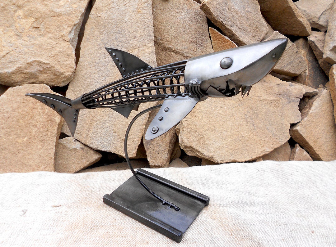 Metal Figurine of a Shark on a Stand Steampunk Shark Art Shark Figurine ...