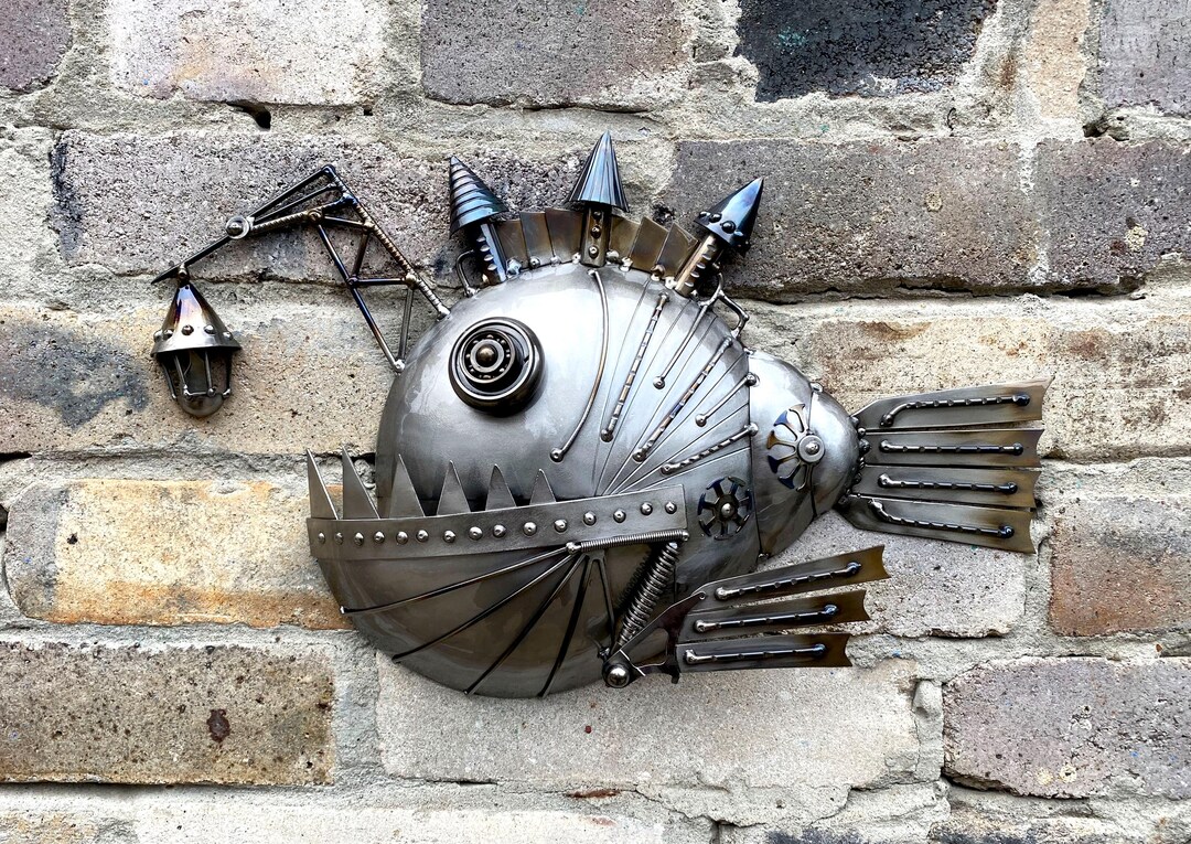Handcrafted Metal Angler Fish Wall Decor 3D Sculpture Recycled Metal ...