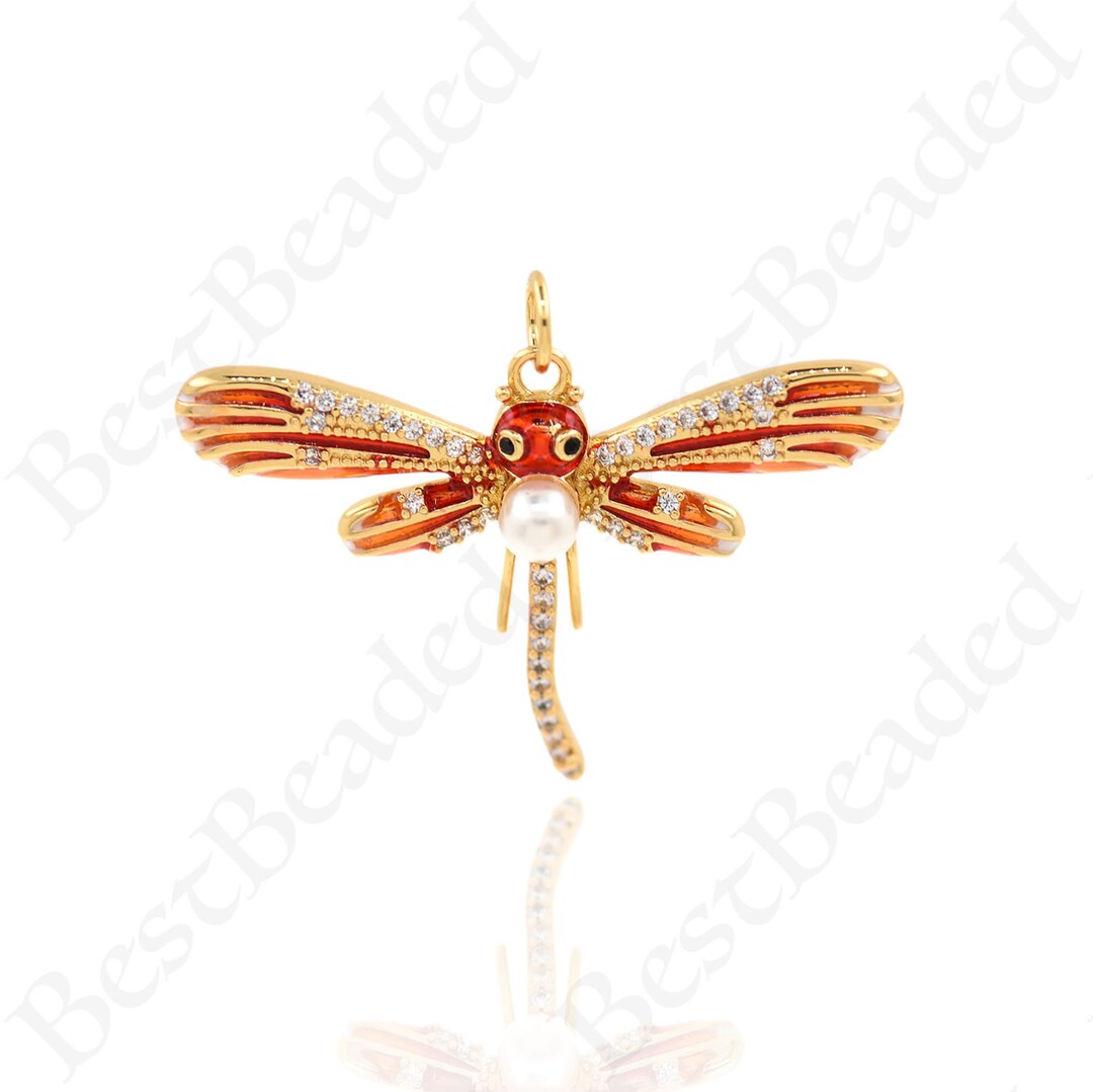 Brass Dragonfly Necklace Pendant With Pearls, Colorful Enamel Dragonfly Pendant, Insect Jewelry ...