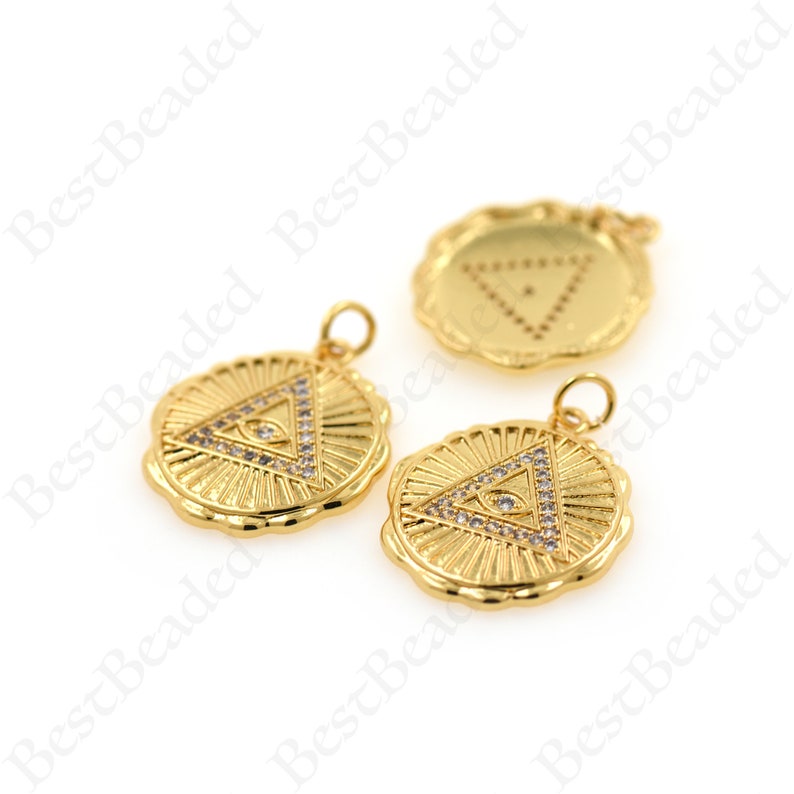 Shiny Gold Triangle Pendant Round Medallion Charms Unique Handmade