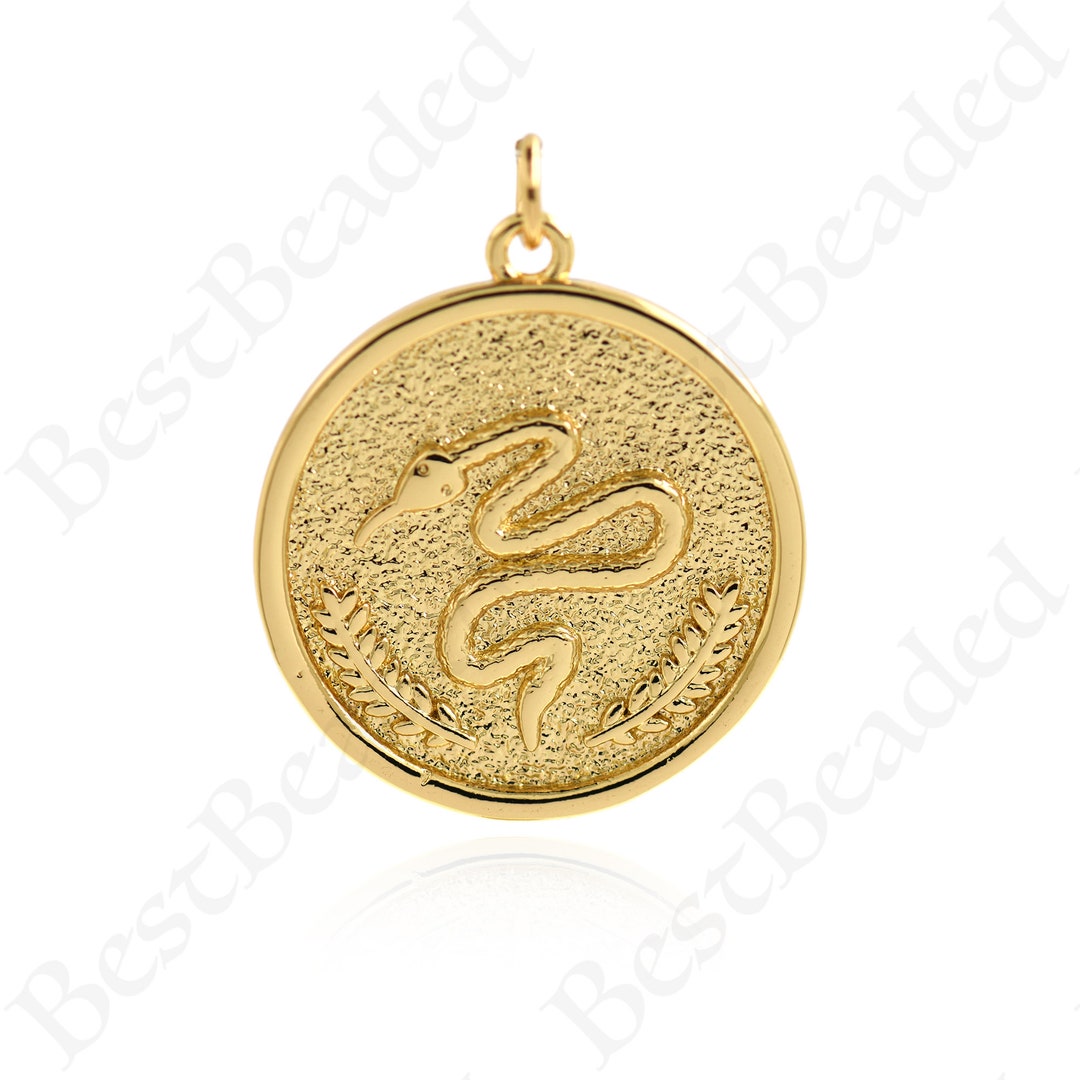 Gold Snake Medallion, Round Coin Embossment Charm, Gold Plated Snake ...