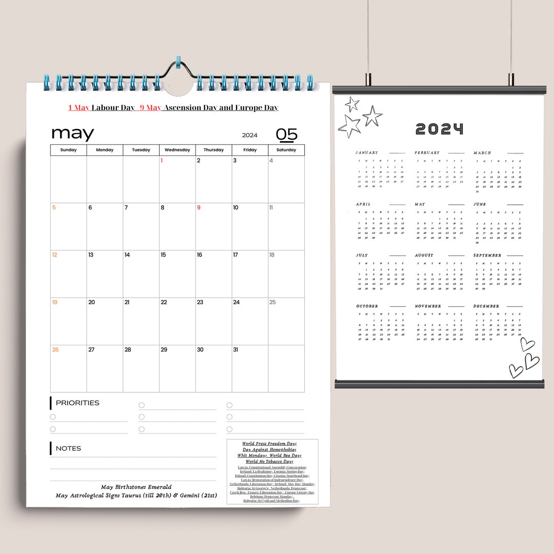 European Year Wall Calendar 2024 Simple Monthly Black White Calendar ...