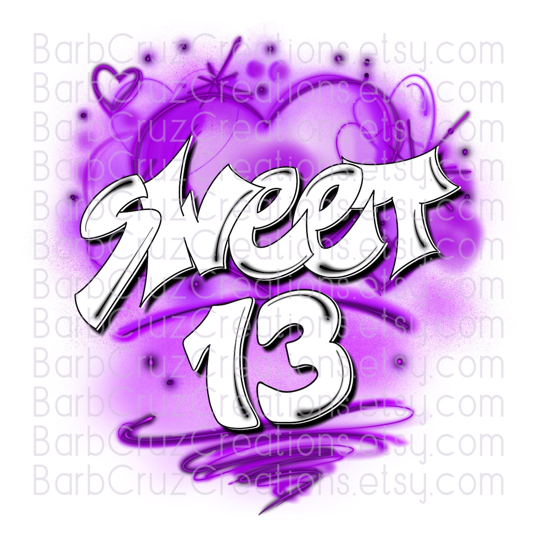 Airbrush Png, Sweet 13, Thirteen, Thirteenth, Birthday, Bday, Purple, Hearts, Retro, Sublimation ...