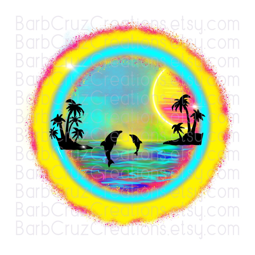 Tropical Ocean Airbrush Background, Dolphins, Sunset, Sunrise, Paradise ...