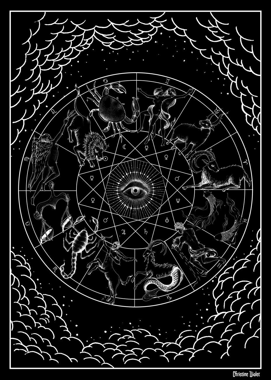 Zodiac Wheel Art Print | Astrology Occult Esoteric Illustration - Etsy