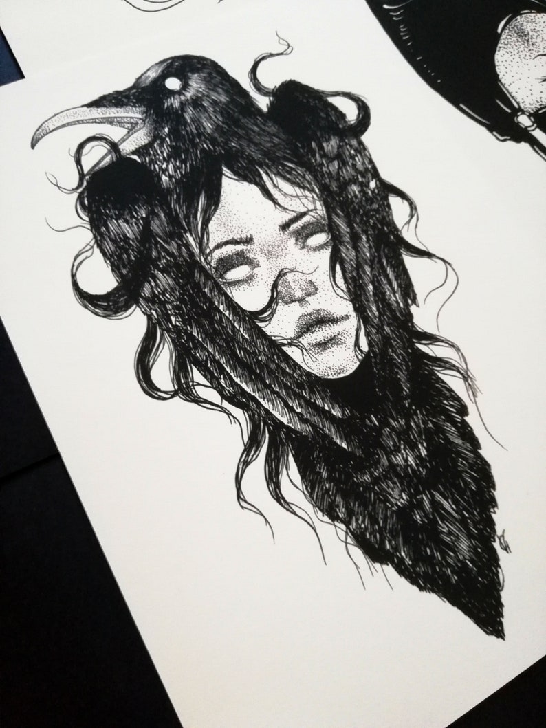 Raven Girl Art Print Gothic Dark Fantasy Decor Aesthetics - Etsy