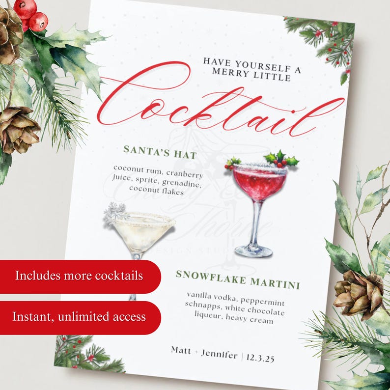 Christmas Wedding Cocktail Menu Template | Holiday Signature Drinks ...