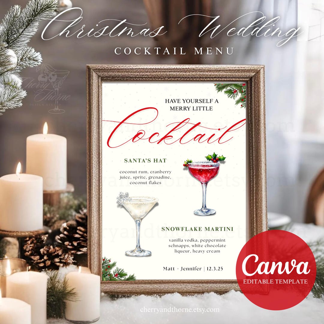 Christmas Wedding Cocktail Menu Template | Holiday Signature Drinks ...