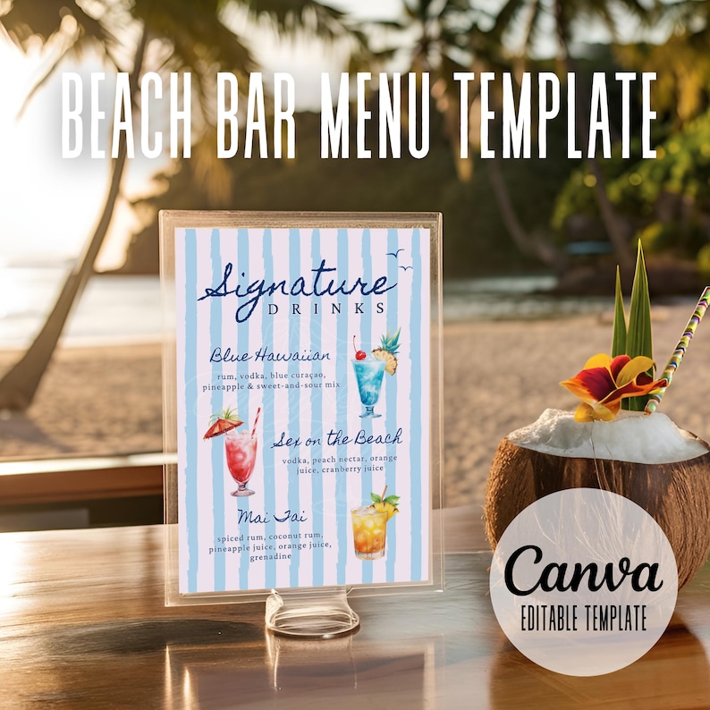 Beach Bar Menu Template: Tropical Cocktail Sign, Editable Canva Design ...