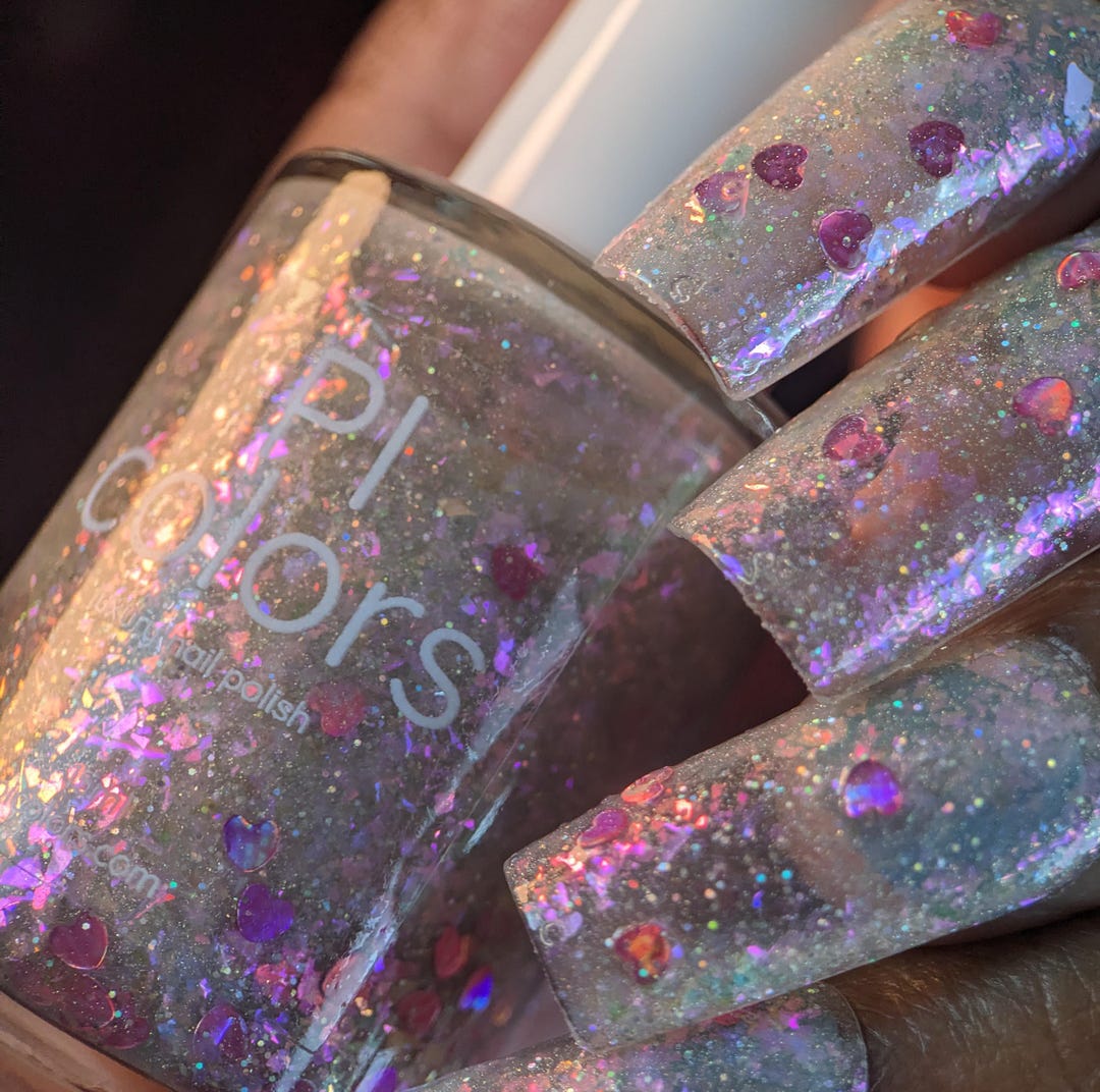 Silver Pink Nail Polish Topper With Holo Pink Heart Glitter | Stormy ...
