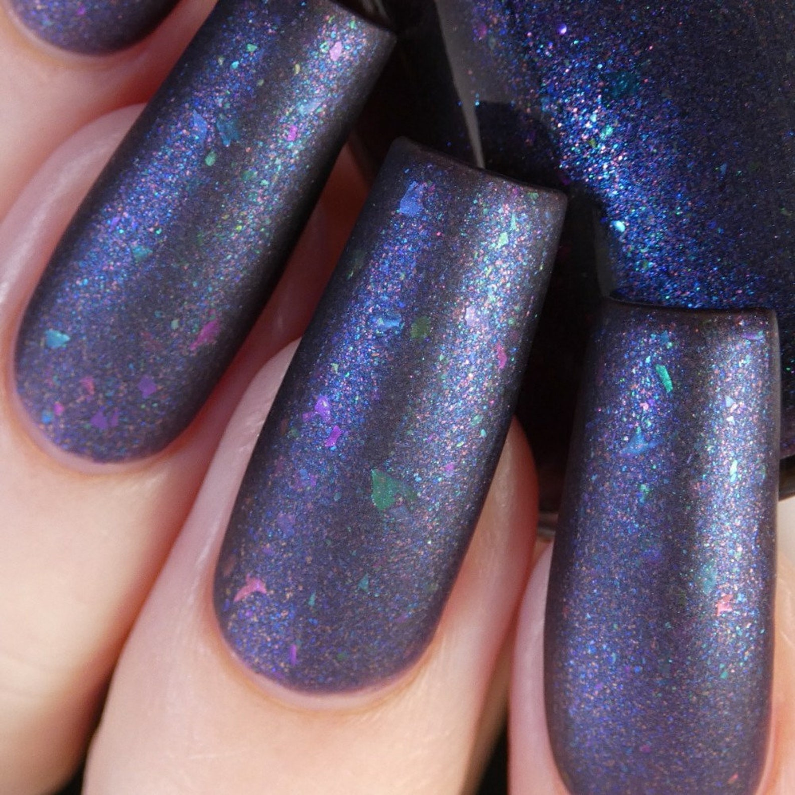 Dark Blue Nail Polish With Purple Undertone, Rainbow Flakies and ...