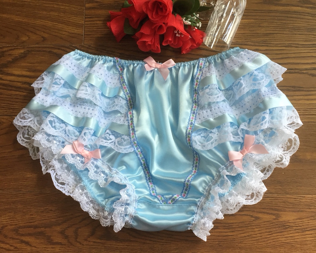 Baby Blue Satin Panties - Back Frills - High Waisted Knickers - MEDIUM ...