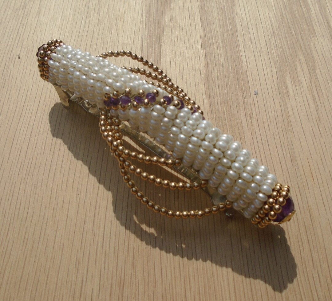 Faceted Amethyst and White Freshwater Pearl 80mm French Barrette With ...