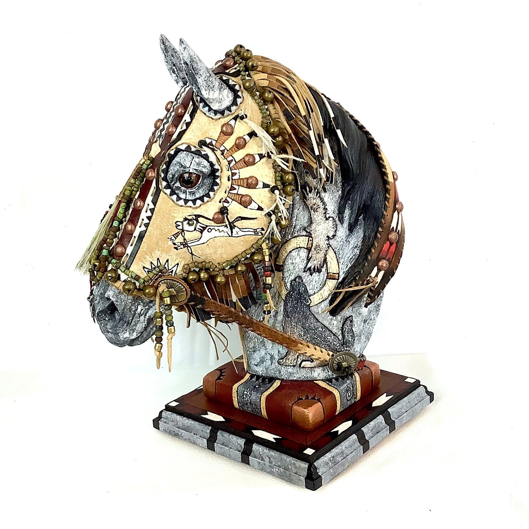 Horse Sculpture, Buffalo Hide Mask, Feather Headdress, Native American ...