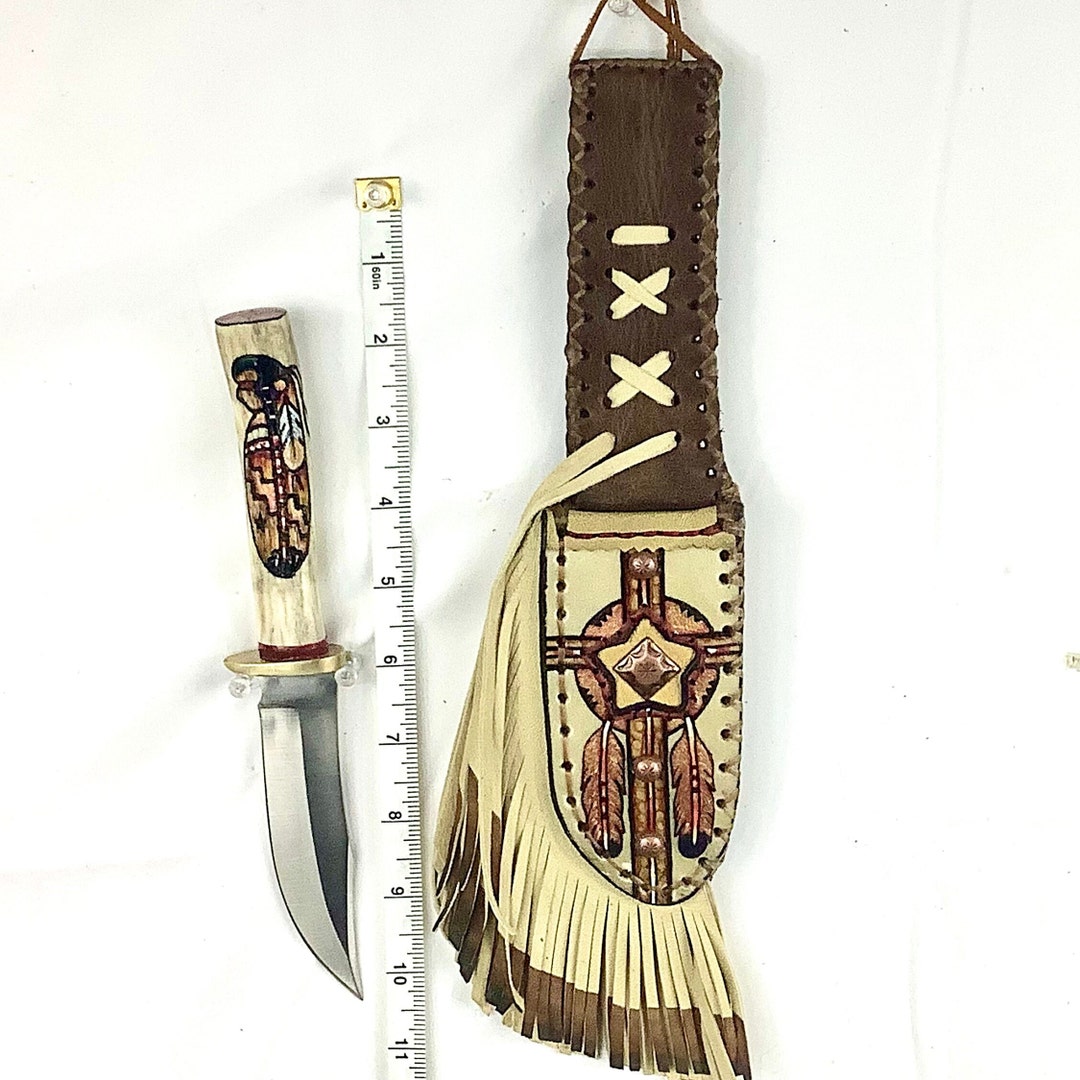 Custom Antler Knife, Buffalo Sheath, Carved Feather Dancer, Antler ...