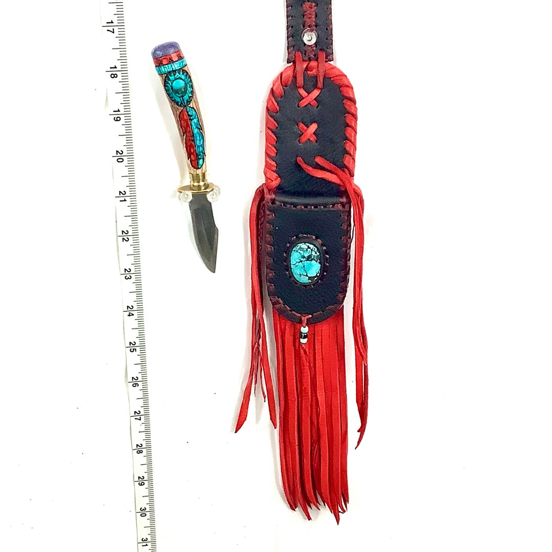 Carved Antler Neck Knife, Sinew Stitched Bison Leather, Inlaid ...