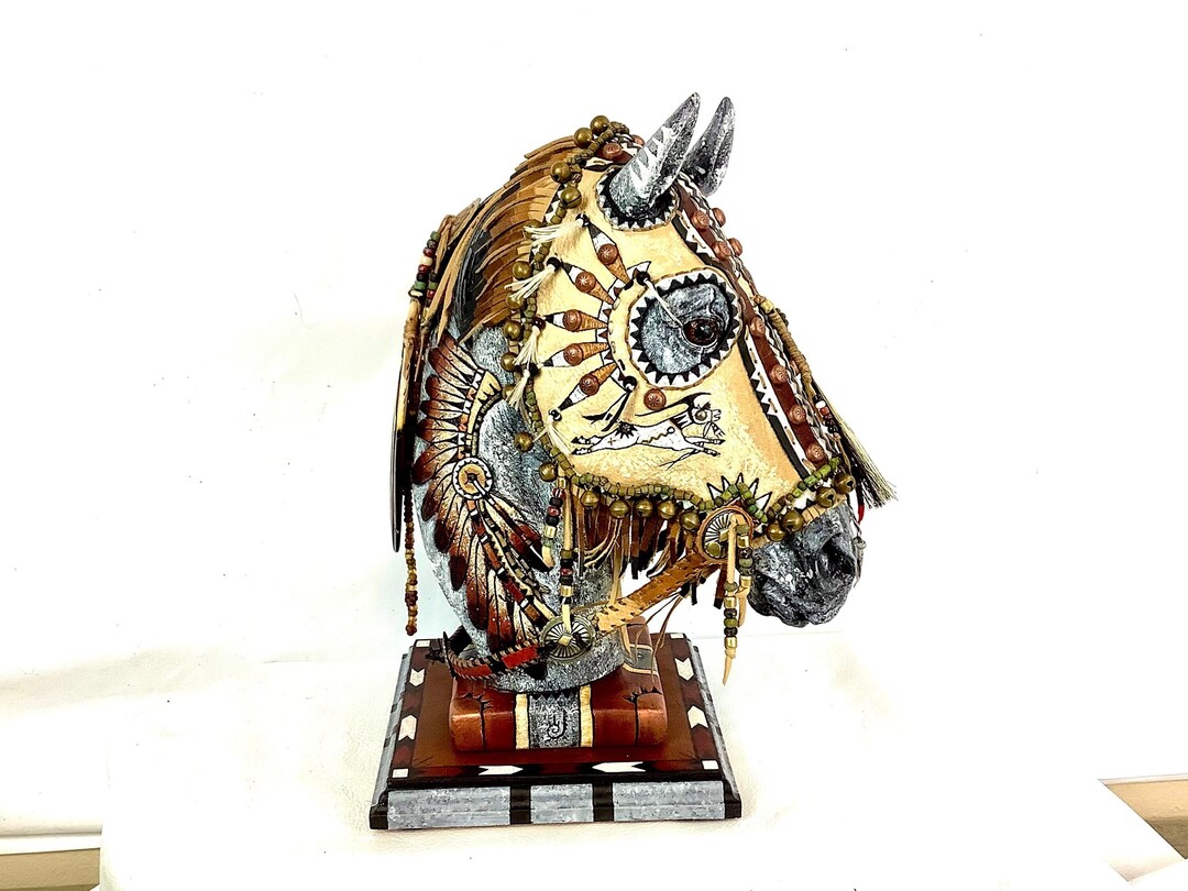 Horse Sculpture, Buffalo Hide Mask, Feather Headdress, Native American ...