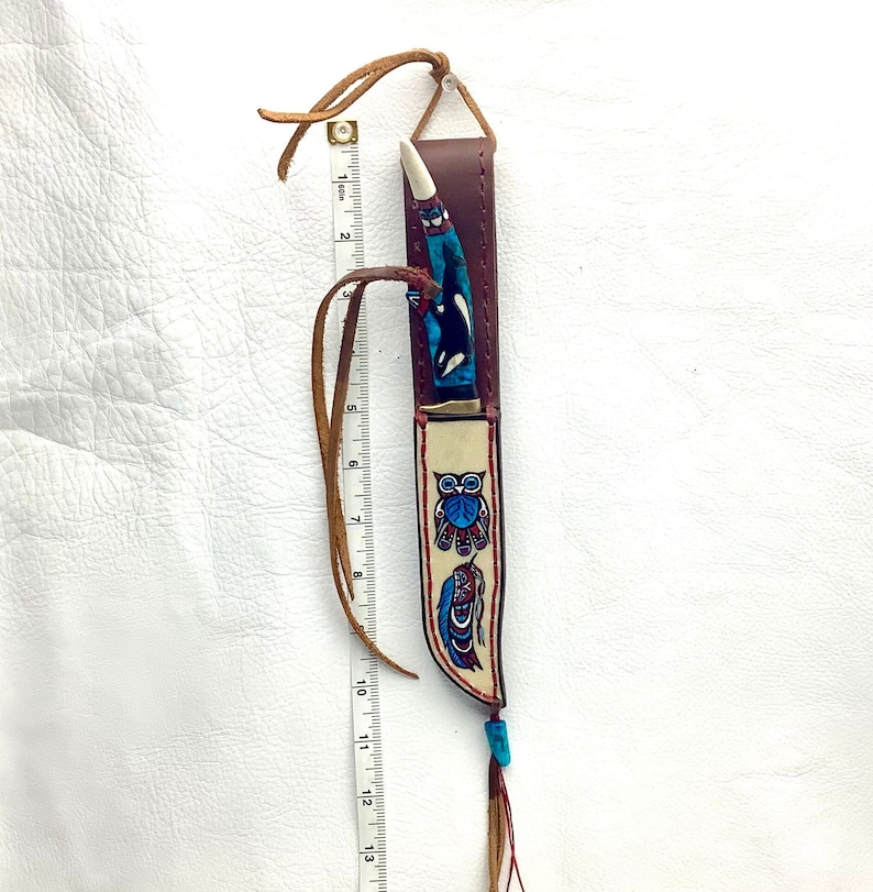 Killer Whale Antler Knife, Painted Owl Buffalo Sheath, Northwest Coast ...