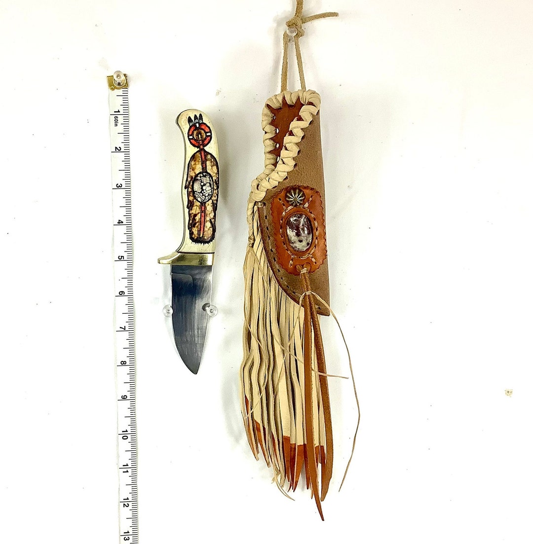 Custom Carved Bone Handle Knife, Buffalo Sheath, Carved Feather ...