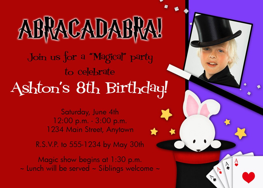 Magic Printable Birthday Party Invitation Magic Show Magician Photo ...
