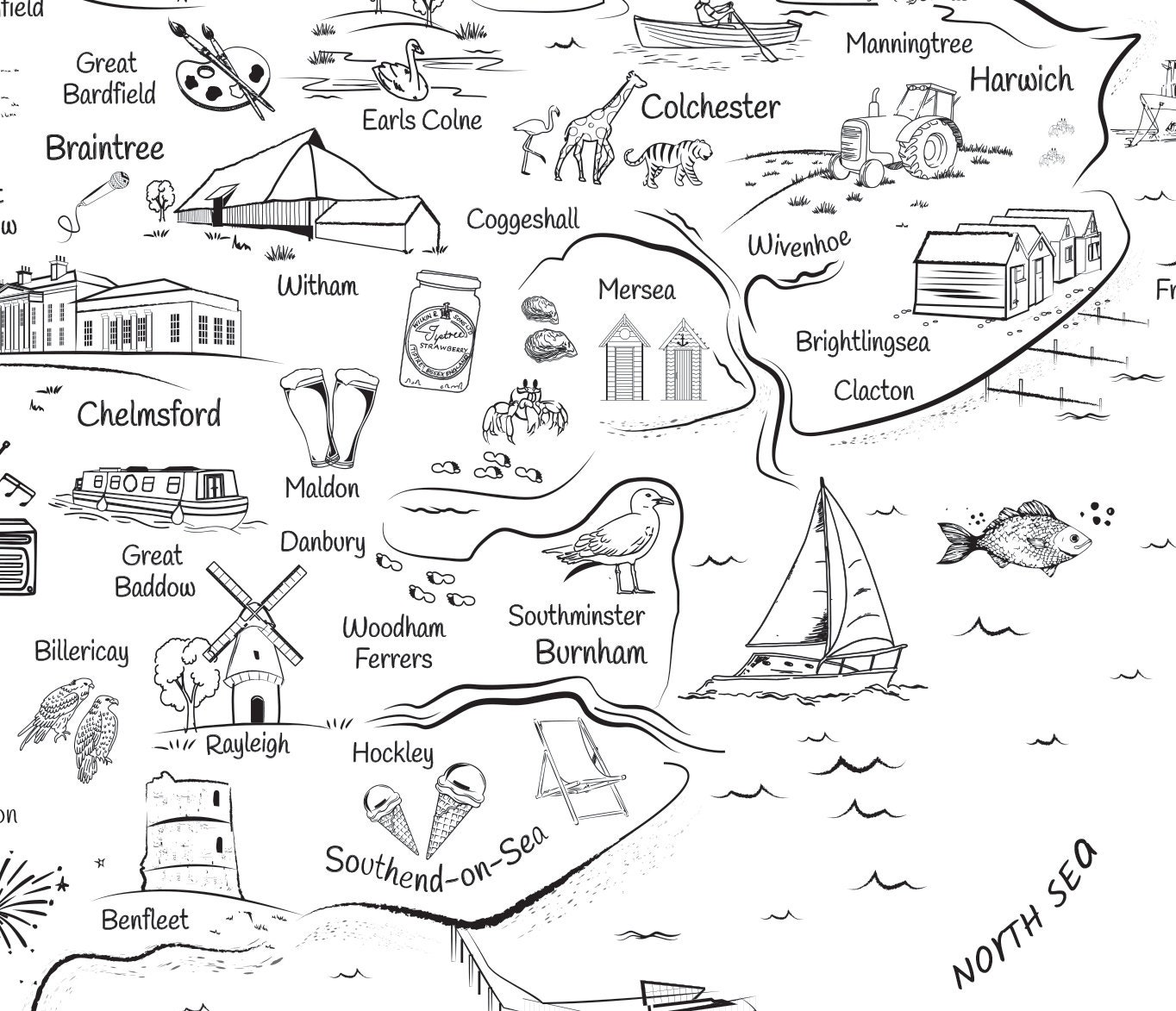 Map Of Essex Hand Drawn Essex Map Illustrated Essex Map Essex Print Etsy