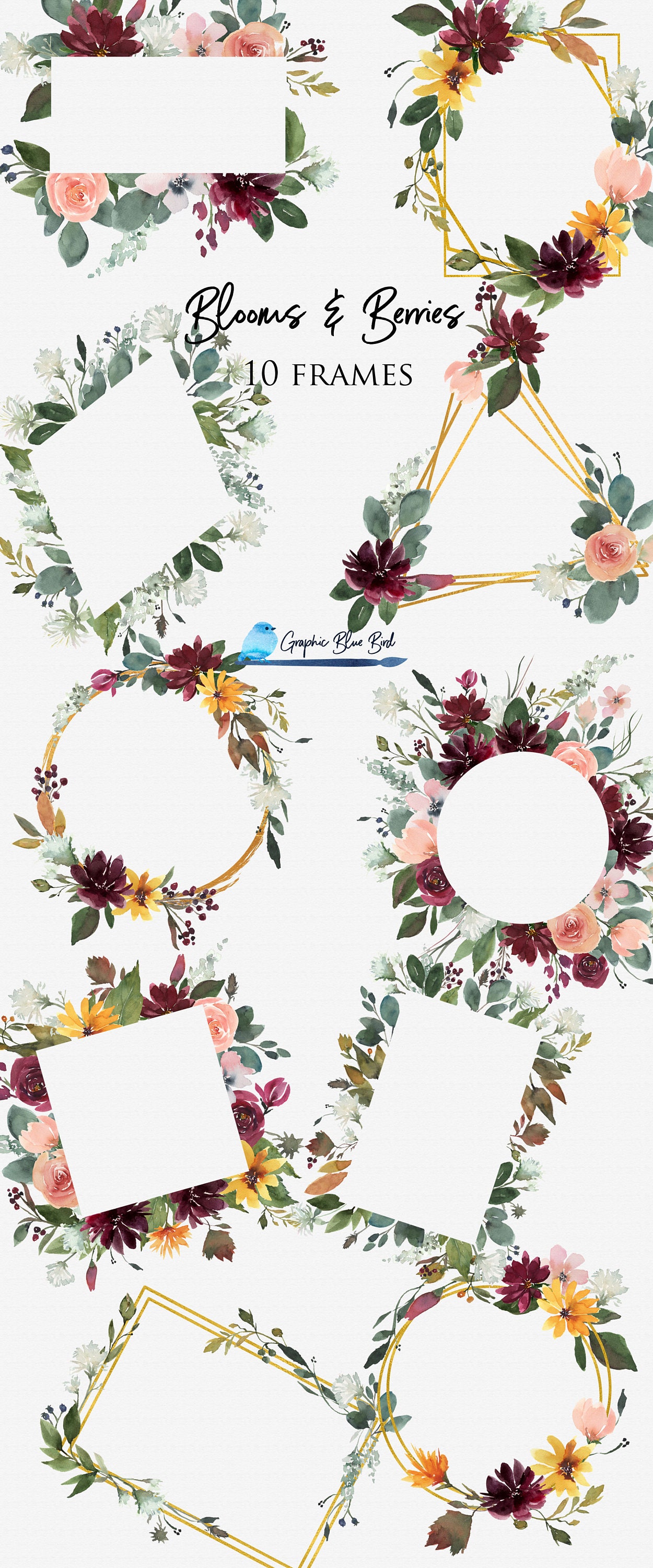 Blooms and Berries Floral Frames Burgundy and Blush Frames | Etsy