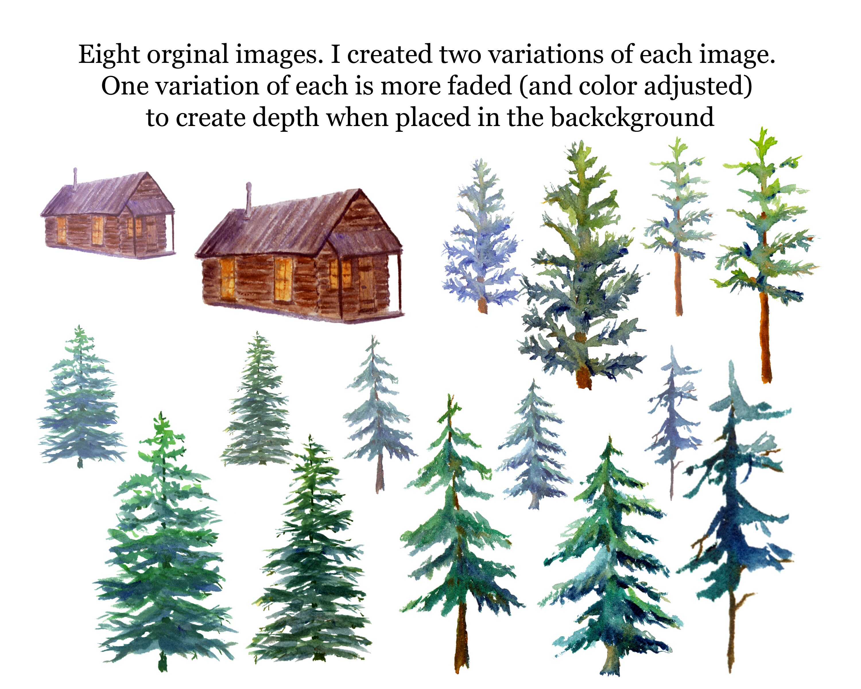 Winter Woods Watercolor Clip Art, Pine Trees, Snow, Log Cabin ...