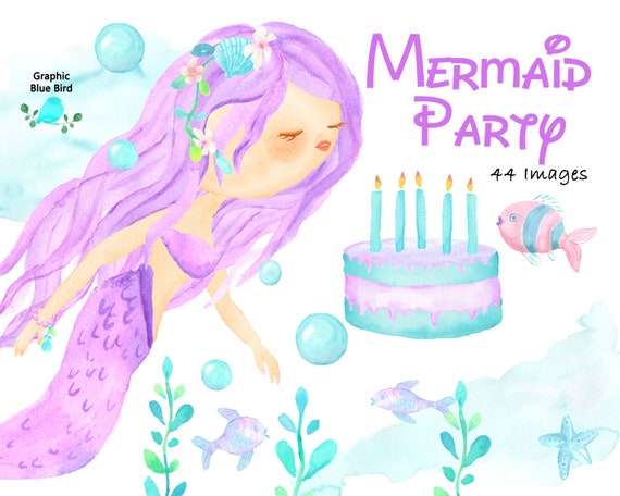 Mermaid Birthday Party Watercolor Fish and Underwater Scene | Etsy